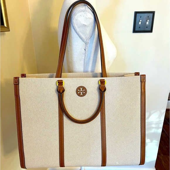 Tory Burch | Bags | Tory Burch Blake Canvas Tote Leather Trim Worn ...